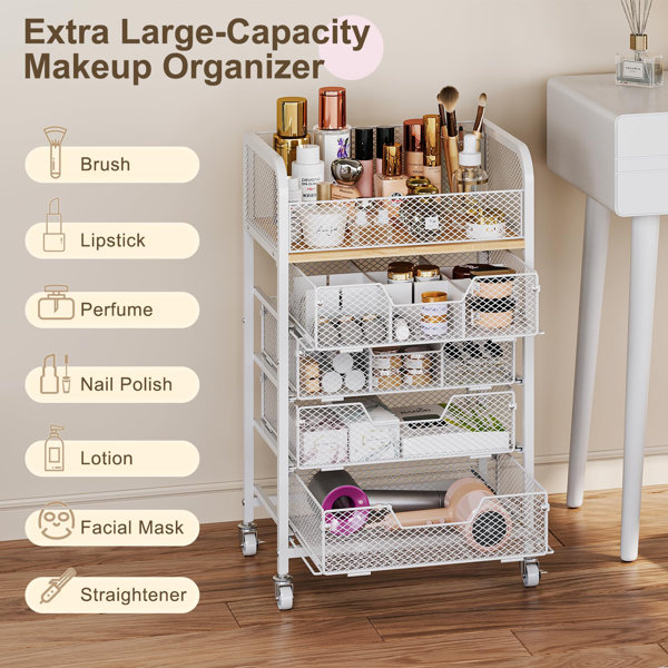 17 Stories Rolling Makeup Cart Organizer With 4 Drawers, Floor Skincare Organizers With Wheels ...